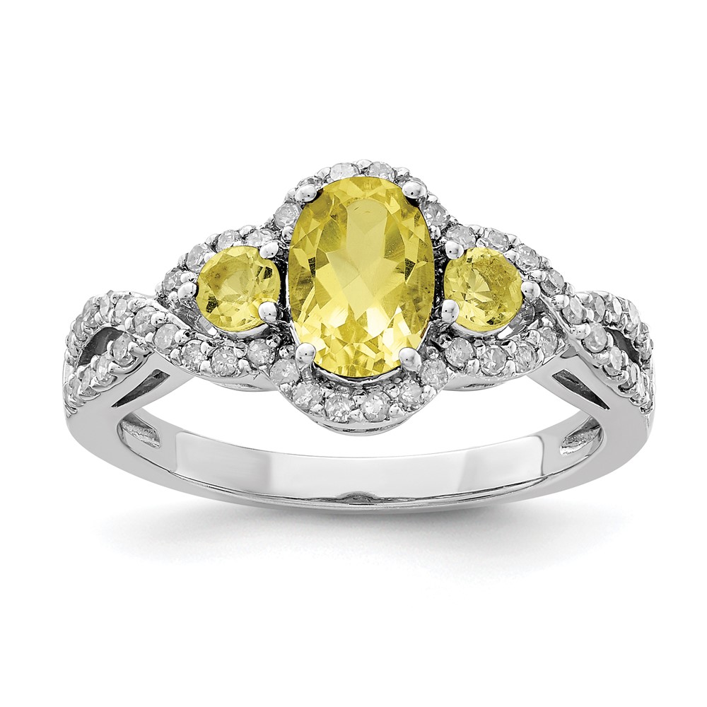 Sterling Silver Rhodium Oval Diam. & Lemon Quartz Ring - Diamonds by Monet